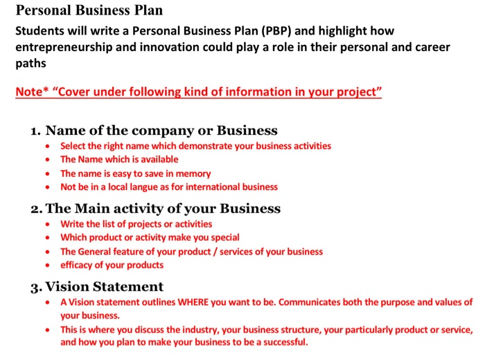 Personal Business Plan Students will write a Personal | Chegg.com