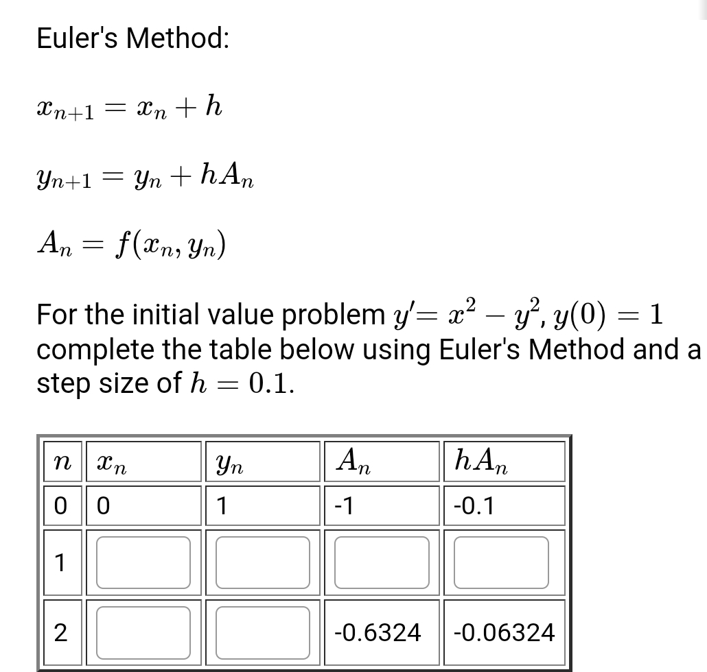 Solved Euler's Method:xn+1=xn+hyn+1=yn+hAnAn=f(xn,yn)For the | Chegg.com