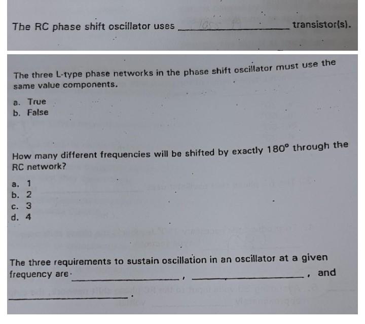 Solved The RC phase shift oscillator uses transistor(s). The | Chegg.com