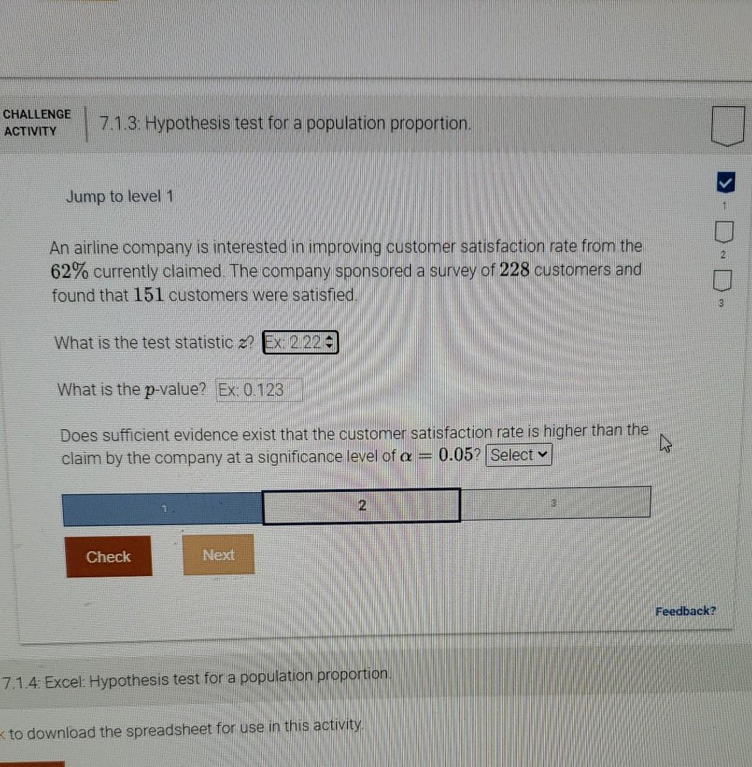 Solved CHALLENGE ACTIVITY 7.1.3. Hypothesis test for a | Chegg.com