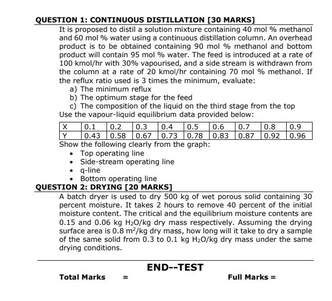 Solved QUESTION 1: CONTINUOUS DISTILLATION [30 MARKS] It is | Chegg.com