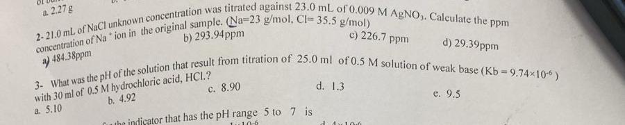 Solved 21.0mL ﻿of NaCl unknown concentration was titrated | Chegg.com