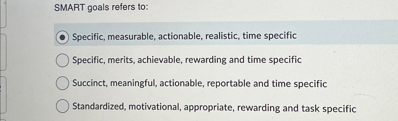 Solved SMART goals refers to:Specific, measurable, | Chegg.com