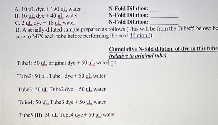 Solved A. 10 uL dye +190 uL water N-Fold Dilution: B. 10 uL | Chegg.com