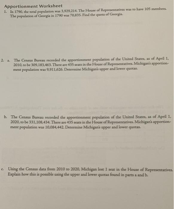 Solved Apportionment Worksheet 1. In 1790, the total | Chegg.com