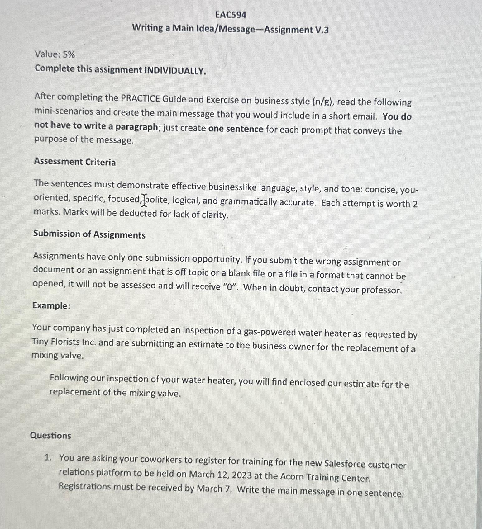 Solved EAC594Writing a Main Idea/Message-Assignment | Chegg.com