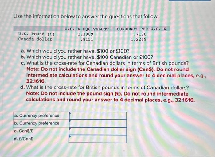 Solved Use the information below to answer the questions | Chegg.com
