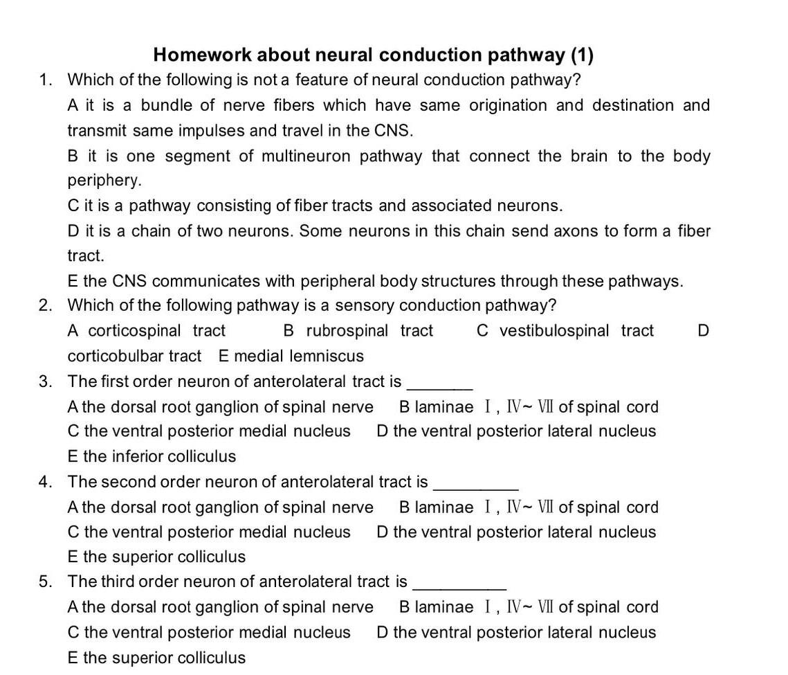 Solved Homework about neural conduction pathway (1) 1. Which | Chegg.com
