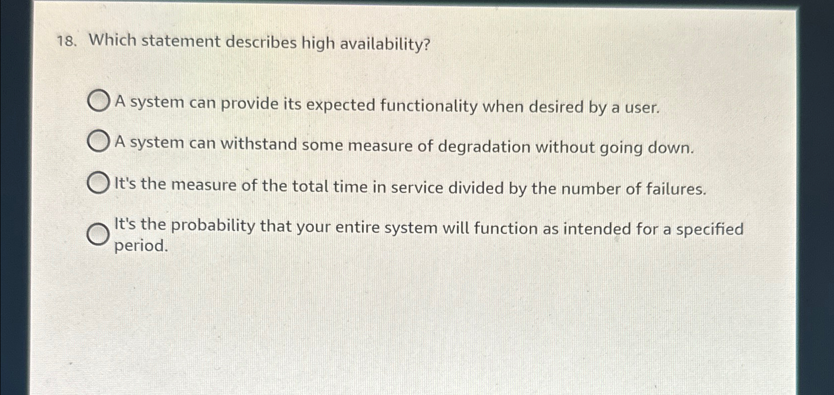 Solved Which statement describes high availability?A system | Chegg.com