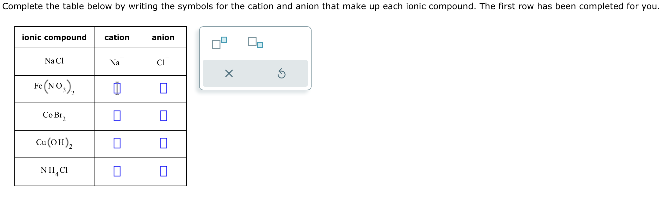 Solved Complete the table below by writing the symbols for | Chegg.com