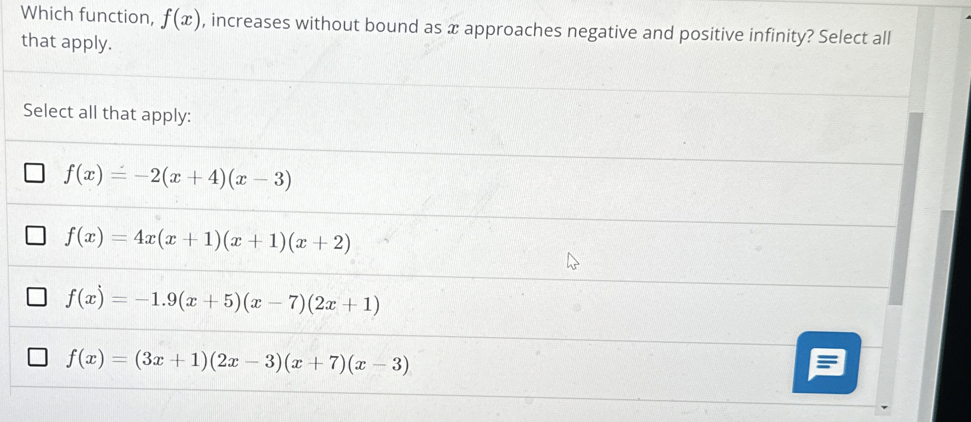 Which function, f(x), ﻿increases without bound as x | Chegg.com
