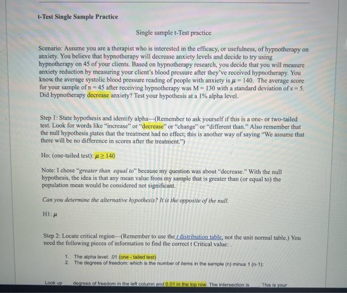 Solved Single Sample T Test Practice Scenario Assume You 4235