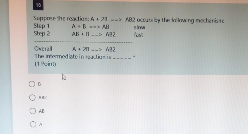 Solved 18 Suppose the reaction: A + 2B ==> AB2 occurs by the | Chegg.com