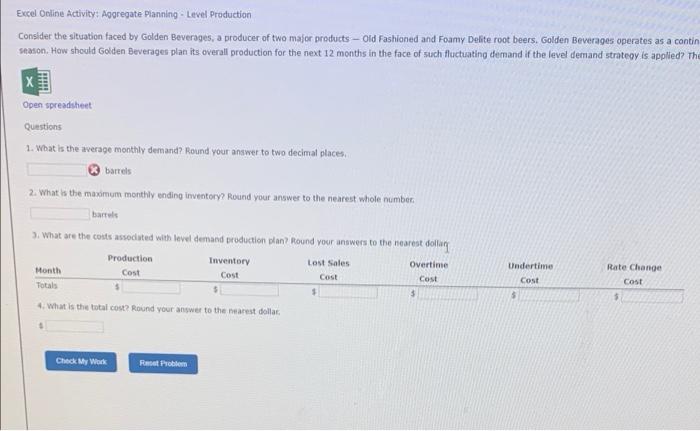 Excel Online Activity: Aggregate Planning - Level | Chegg.com
