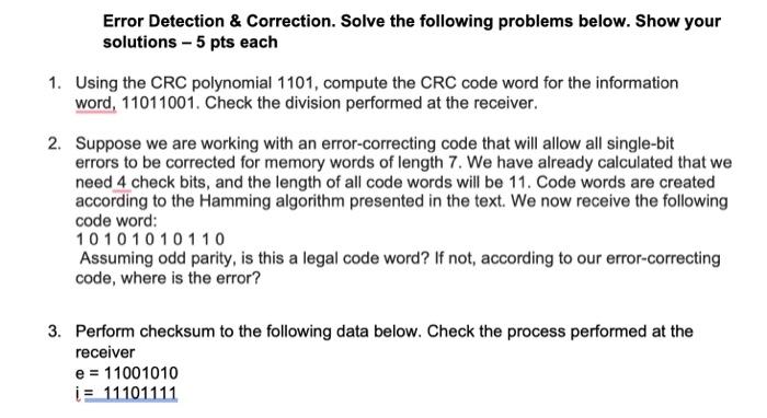 Solved Error Detection And Correction Solve The Following