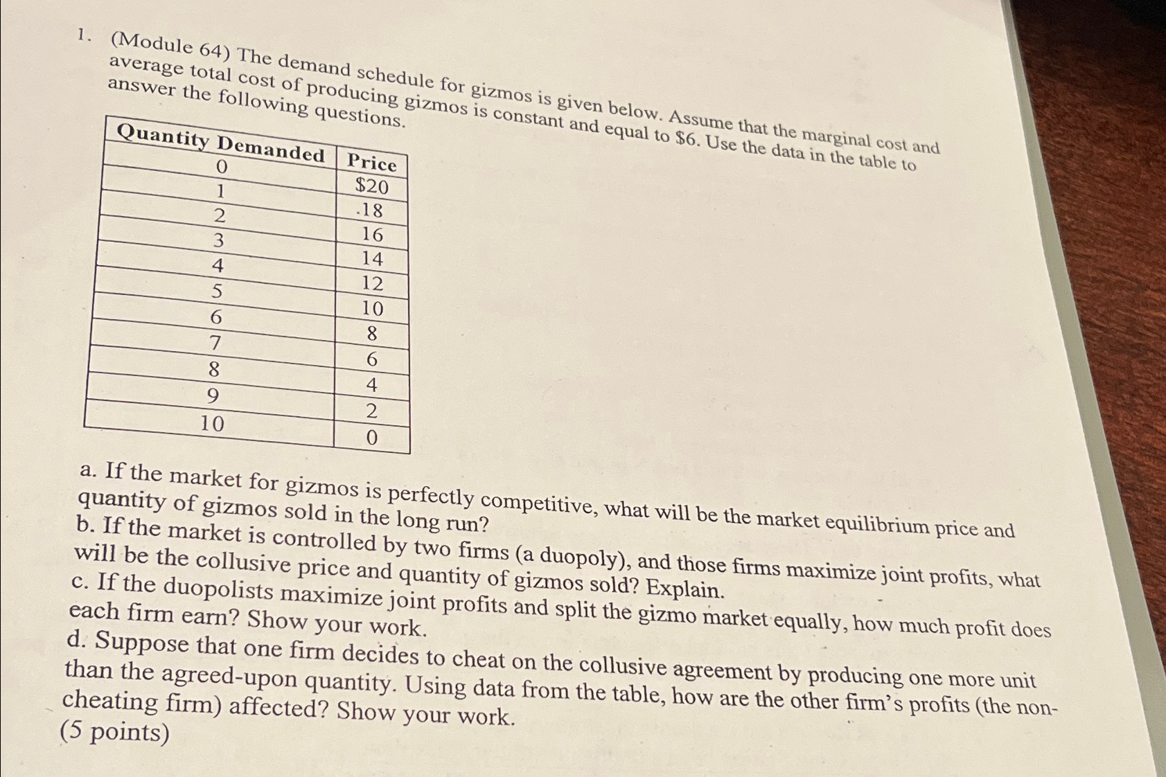 Solved (Module 64) ﻿The demand schedule for gizmos is given | Chegg.com
