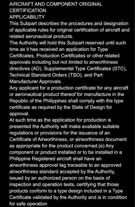 AIRCRAFT AND COMPONENT ORIGINAL CERTIFICATION | Chegg.com