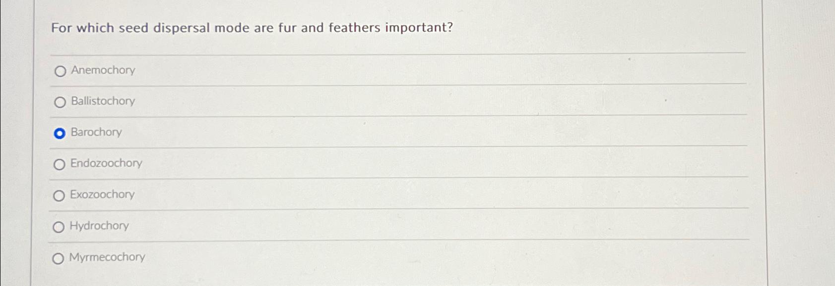 Solved For which seed dispersal mode are fur and feathers | Chegg.com