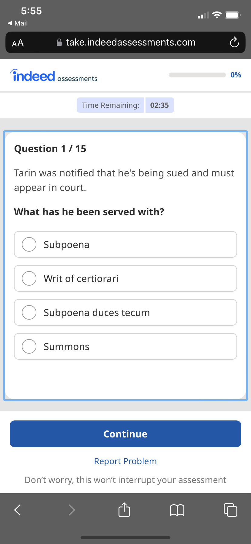 Solved 5:55MailAAtake.indeedassessments.comindeed | Chegg.com