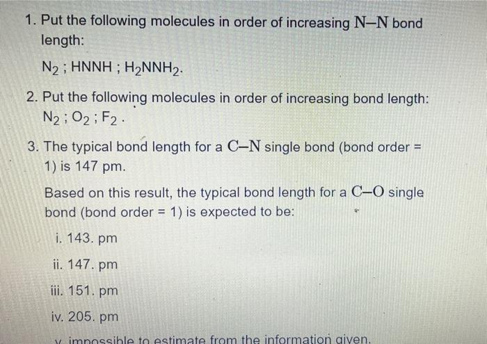 Solved 1. Put the following molecules in order of increasing | Chegg.com