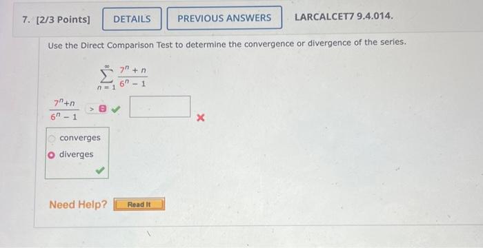 Solved Use the Direct Comparison Test to determine the | Chegg.com