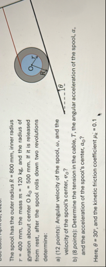 Solved The spool has the outer radius R=800mm, ﻿inner radius | Chegg.com