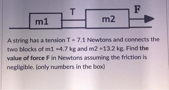 Solved T F m1 m2 A string has a tension T = 7.1 Newtons and | Chegg.com