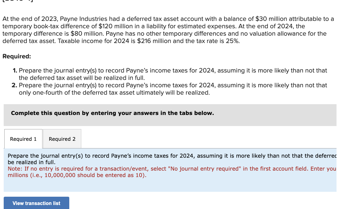 Solved At the end of 2023, ﻿Payne Industries had a deferred | Chegg.com