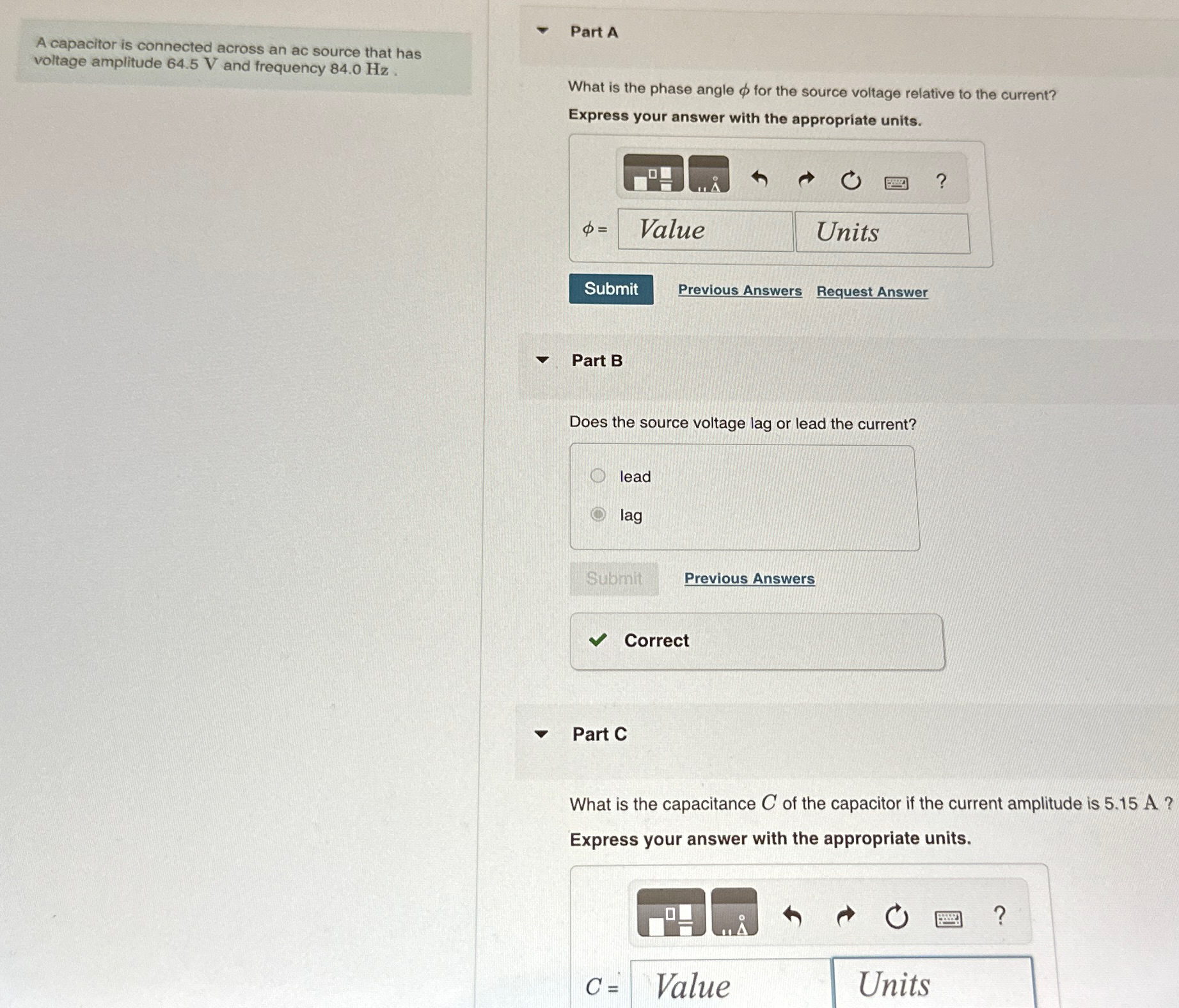Solved A capacitor is connected across an ac source that has | Chegg.com