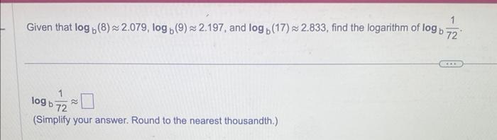 Solved Given that logb(8)≈2.079,logb(9)≈2.197, and | Chegg.com