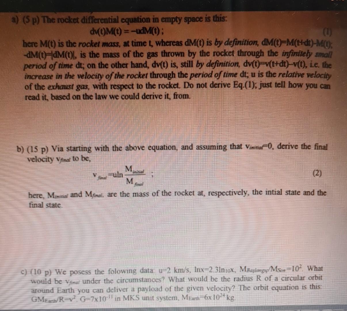 Solved a) (5p) The rocket differential equation in empty | Chegg.com