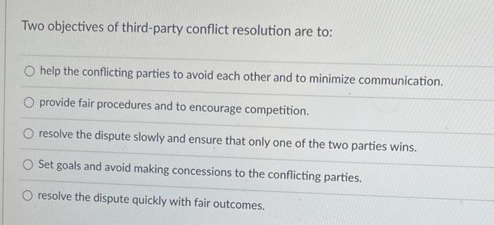 Solved Two objectives of third-party conflict resolution are | Chegg.com