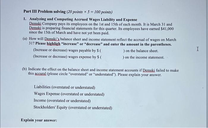 Solved Part III Problem solving (20 points * 5 = 100 points) | Chegg.com