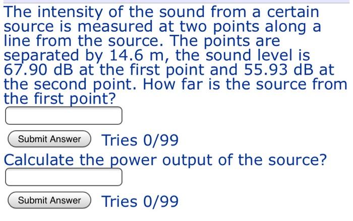 Solved The intensity of the sound from a certain source is | Chegg.com