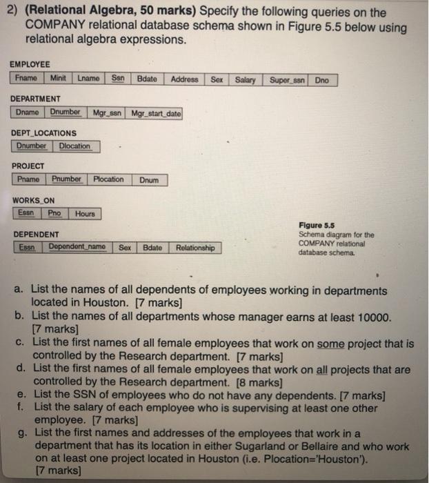 Solved 2) (Relational Algebra, 50 marks) Specify the | Chegg.com
