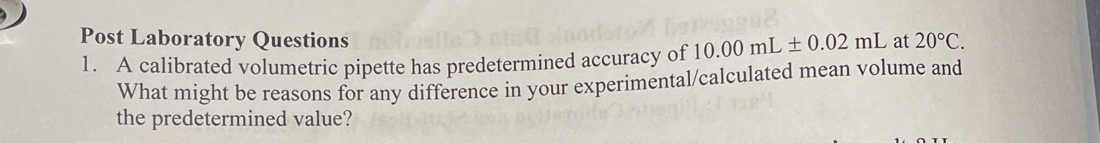 Solved Post Laboratory QuestionsA calibrated volumetric | Chegg.com