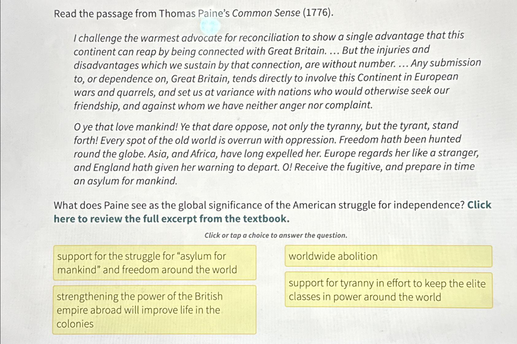 Solved Read the passage from Thomas Paine's Common Sense | Chegg.com