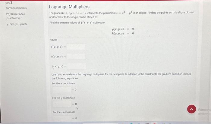 Solved Lagrange Multipliers The plane 3x+6y+3z=12 intersects | Chegg.com