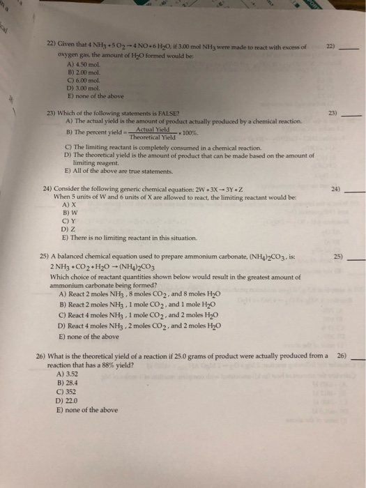 Solved cal 22) Given that 4 NH3 5 O2-4 NO+6 HyO, if 3.00 mol | Chegg.com