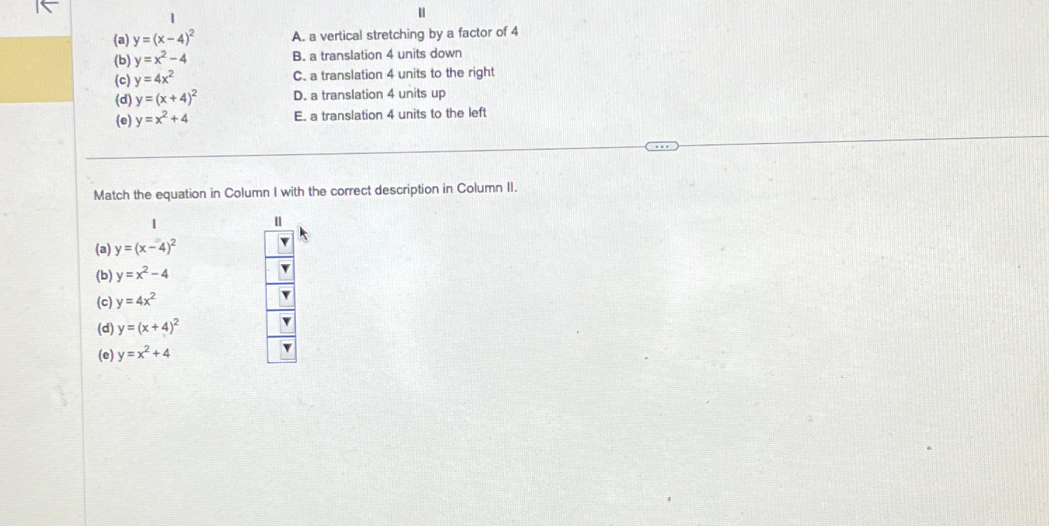 Solved I(a) y=(x-4)2A. ﻿a vertical stretching by a factor of | Chegg.com