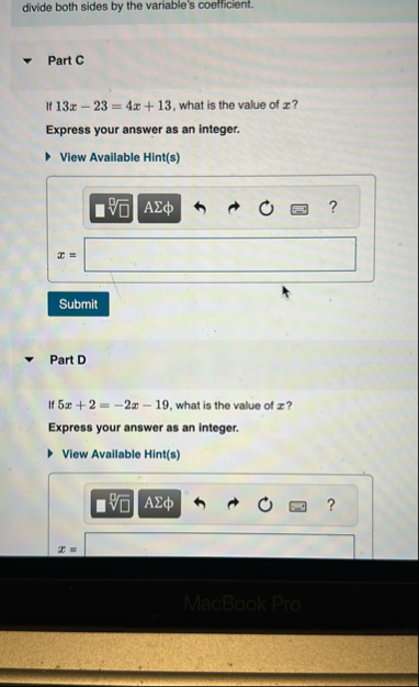 Solved divide both sides by the variable's coefficient.Part | Chegg.com