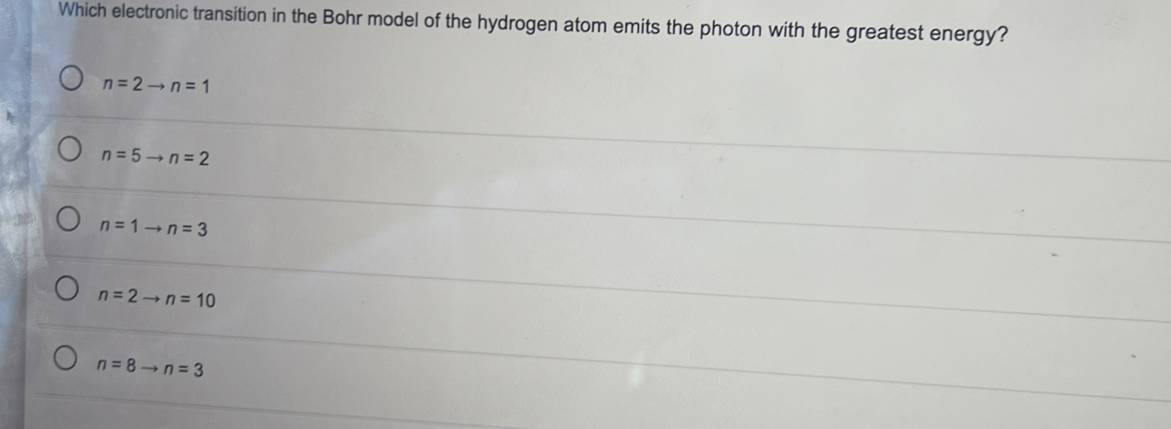 Solved Which electronic transition in the Bohr model of the | Chegg.com