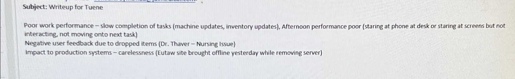 Solved Prepare this into a written warningSubject: Writeup | Chegg.com