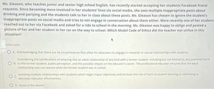 Solved Ms. Gleason, who teaches junior and senior high | Chegg.com