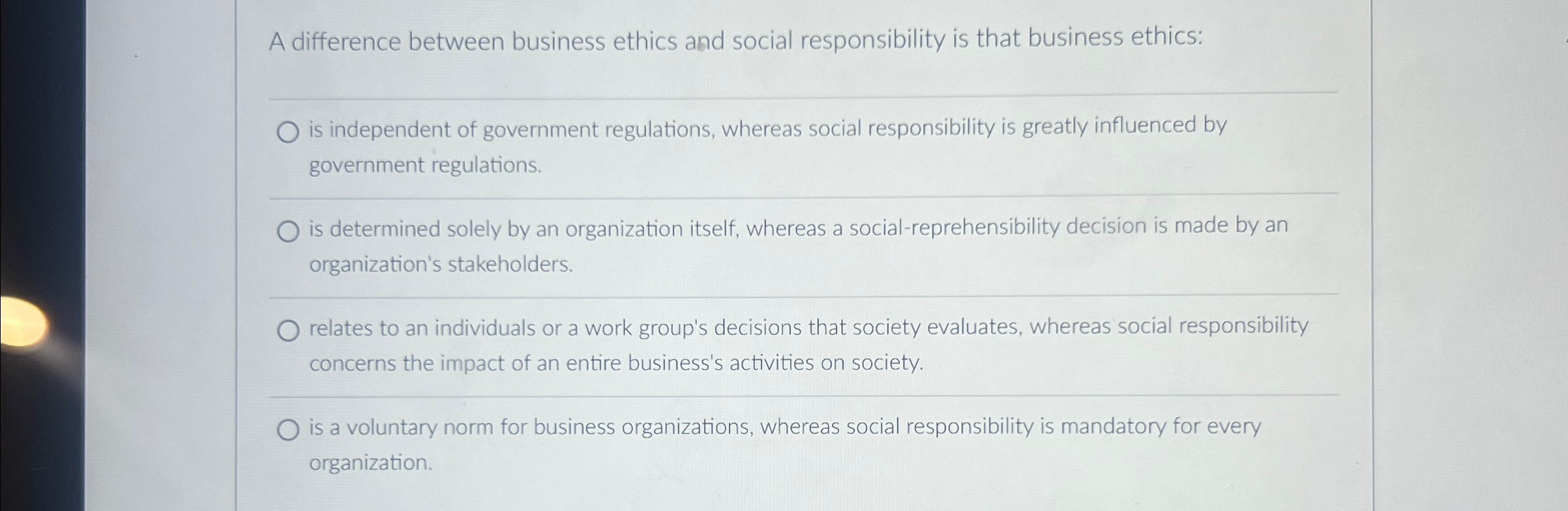 Solved A difference between business ethics and social | Chegg.com