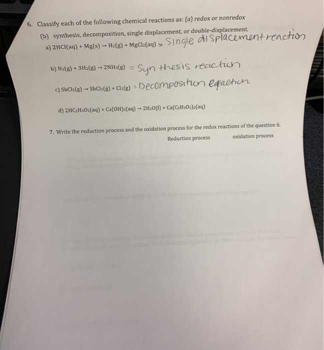 Solved 6. Classify each of the following chemical reactions | Chegg.com