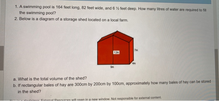Solved 1. A swimming pool is 164 feet long, 82 feet wide, | Chegg.com
