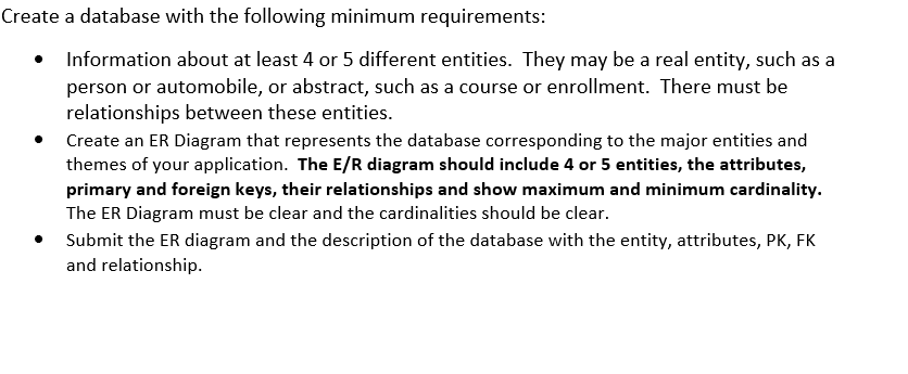 Solved Create a database with the following minimum | Chegg.com