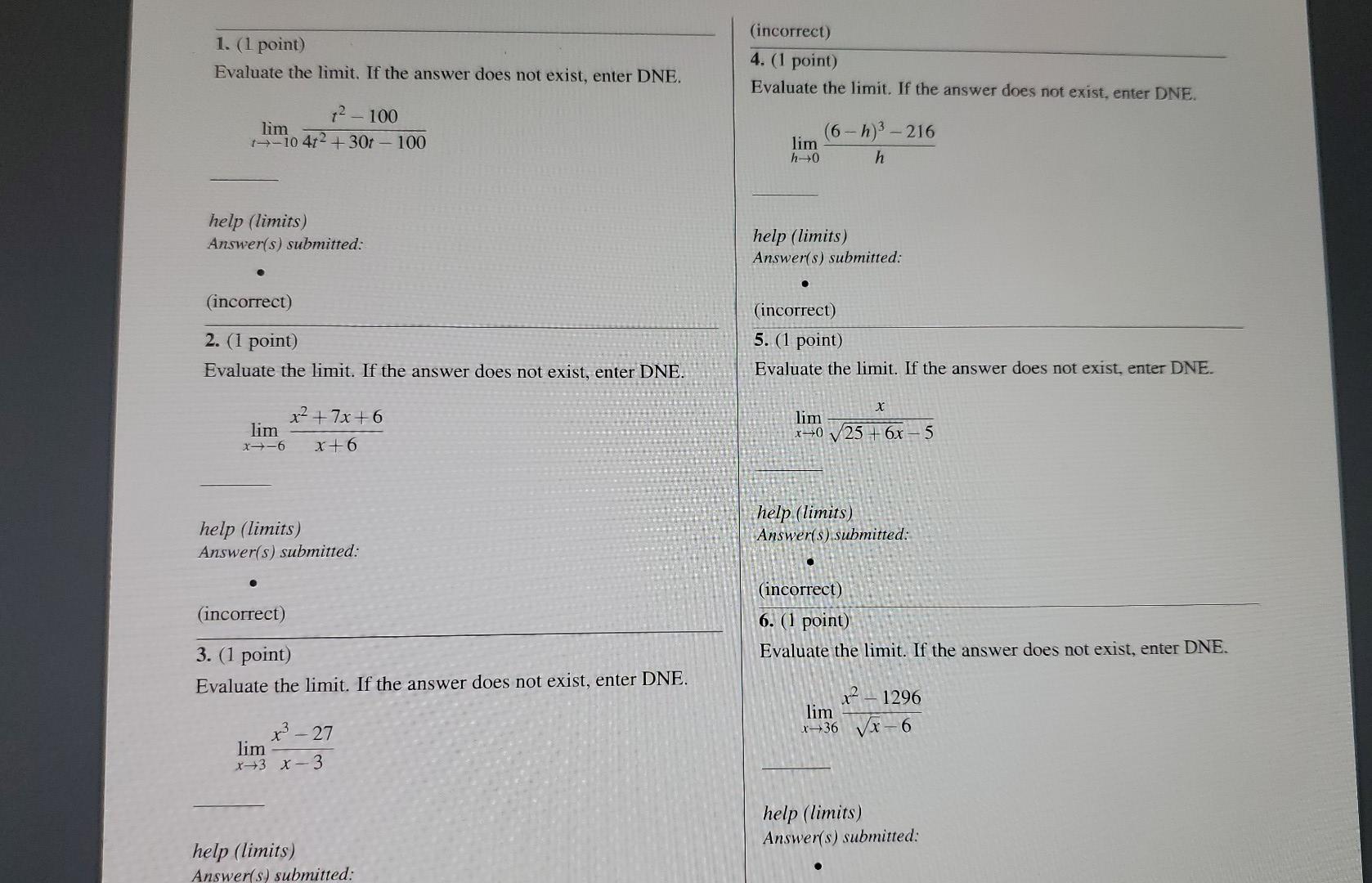 Solved 1. (1 point) Evaluate the limit. If the answer does | Chegg.com