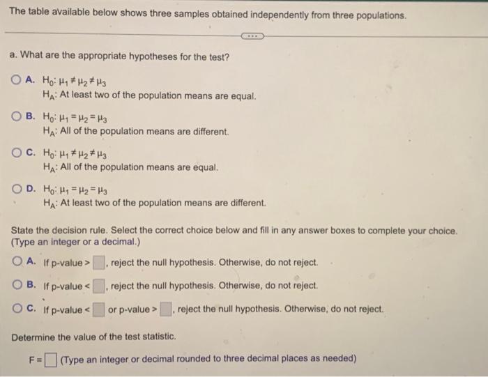 Solved The table available below shows three samples | Chegg.com